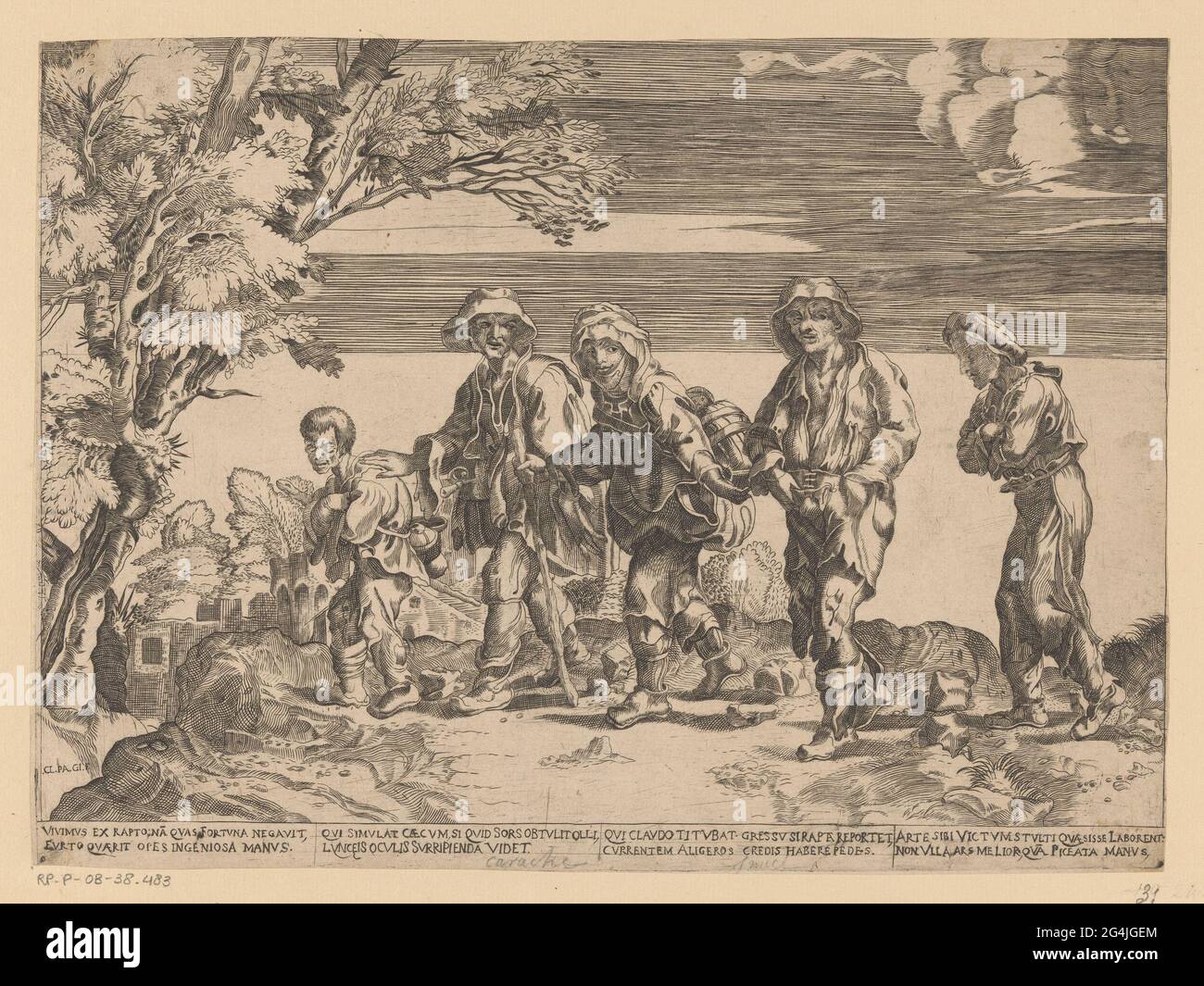 Group Beggars in landscape. A group of five beggars, including one ...