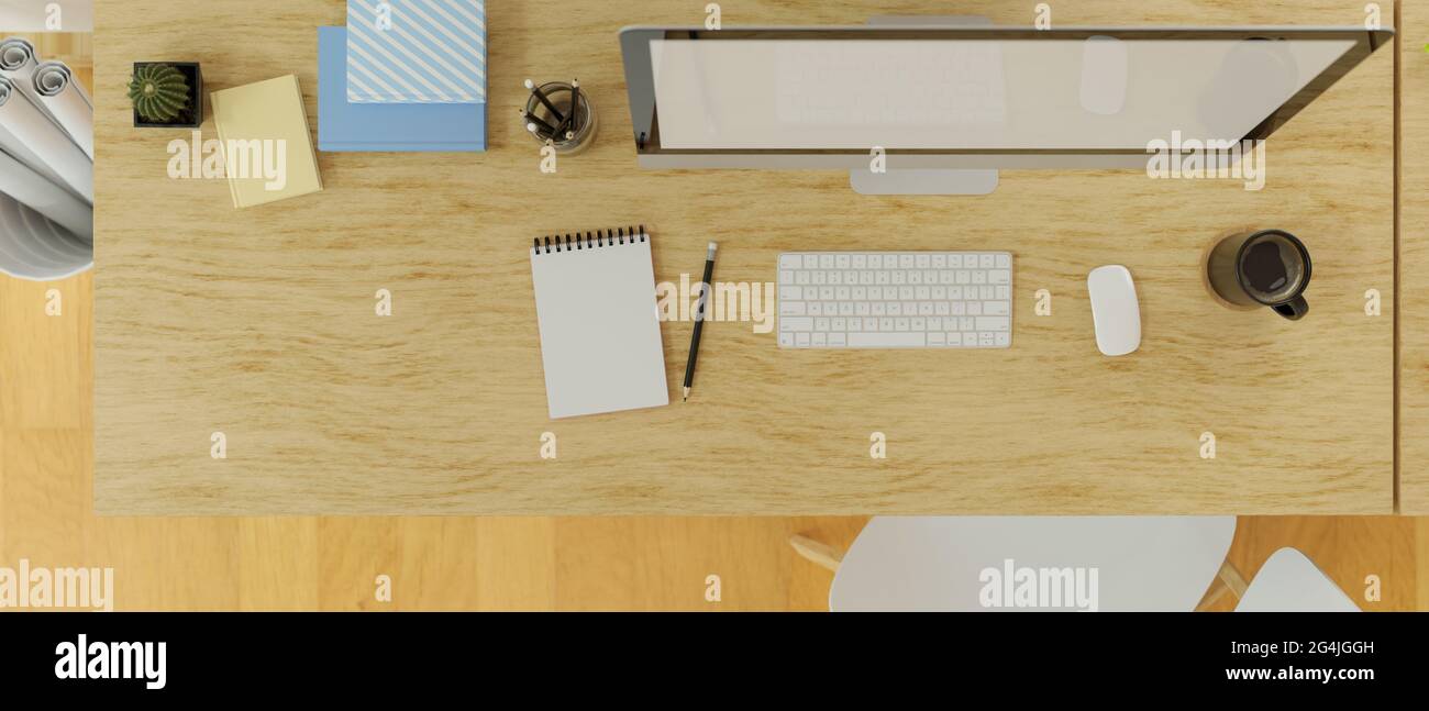 Top view of desk top computer and stationery on wooden table, 3D ...