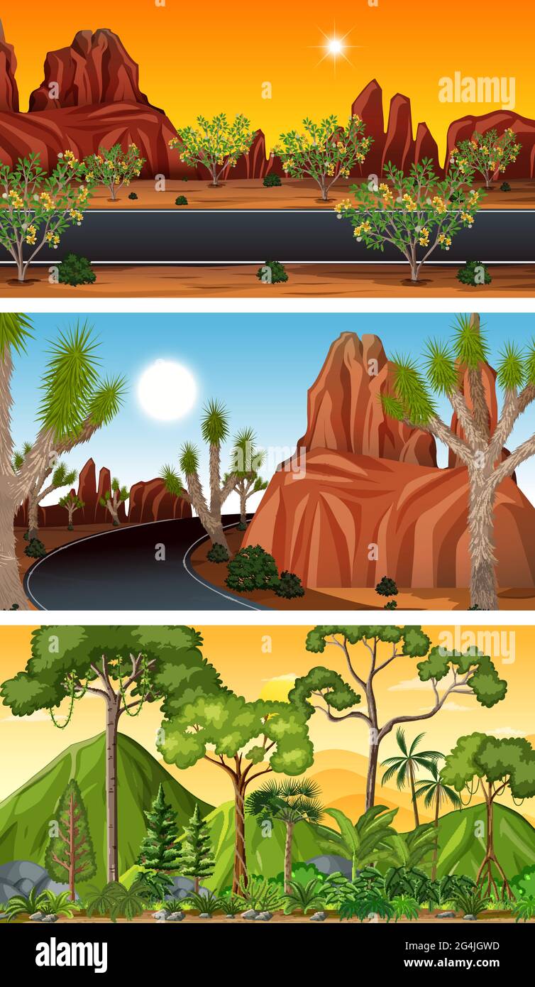 Three different nature horizontal scenes illustration Stock Vector ...