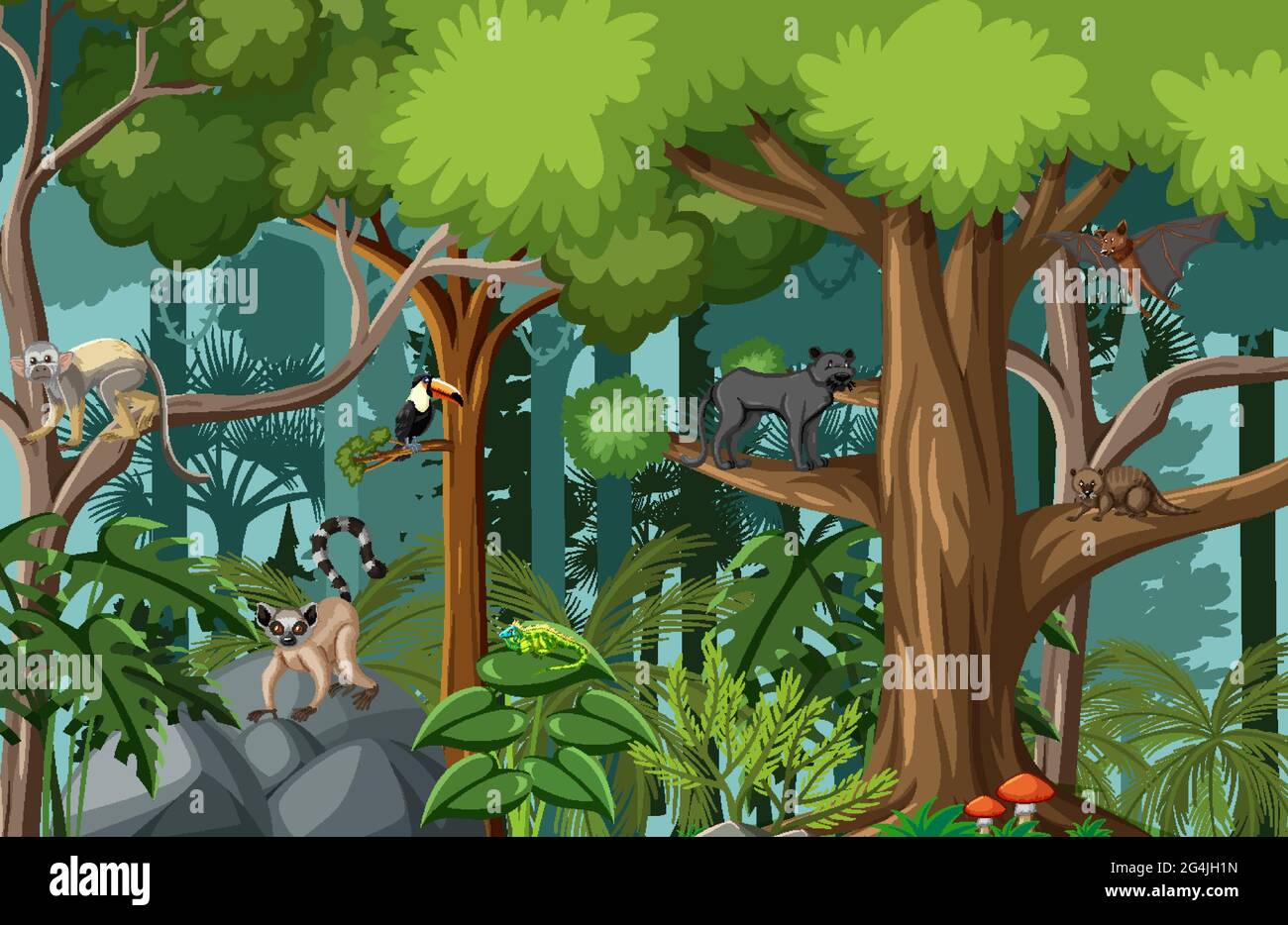 Tropical rainforest scene with various wild animals illustration Stock ...