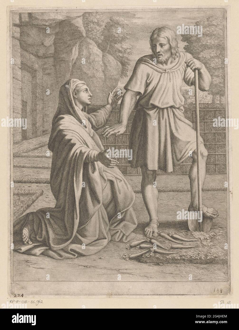 Christ appears to Mary Magdalene; Noli me tangere. Christ appears as a gardener with kick for ...