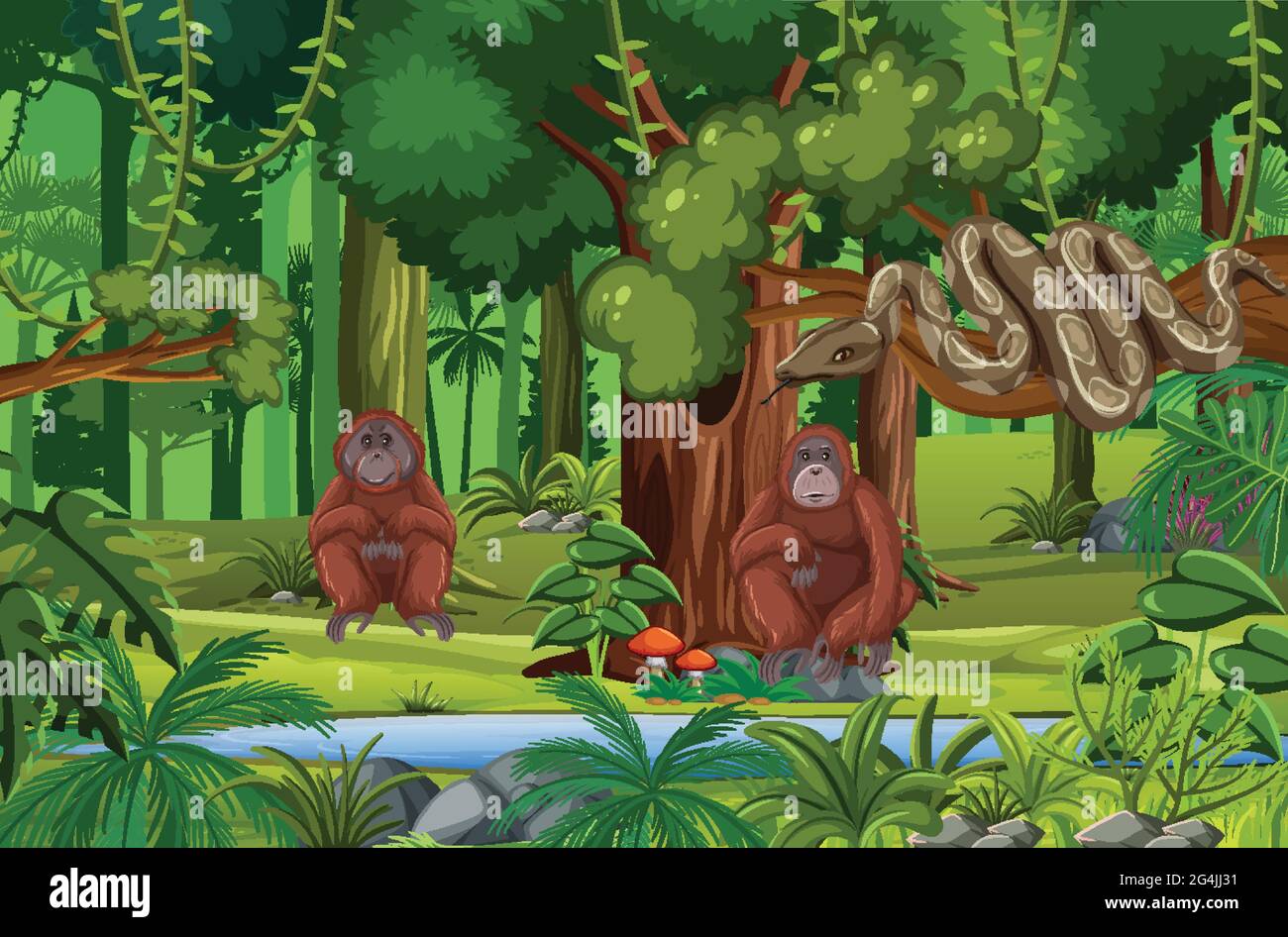 Wild animals with stream flowing through the forest scene illustration ...