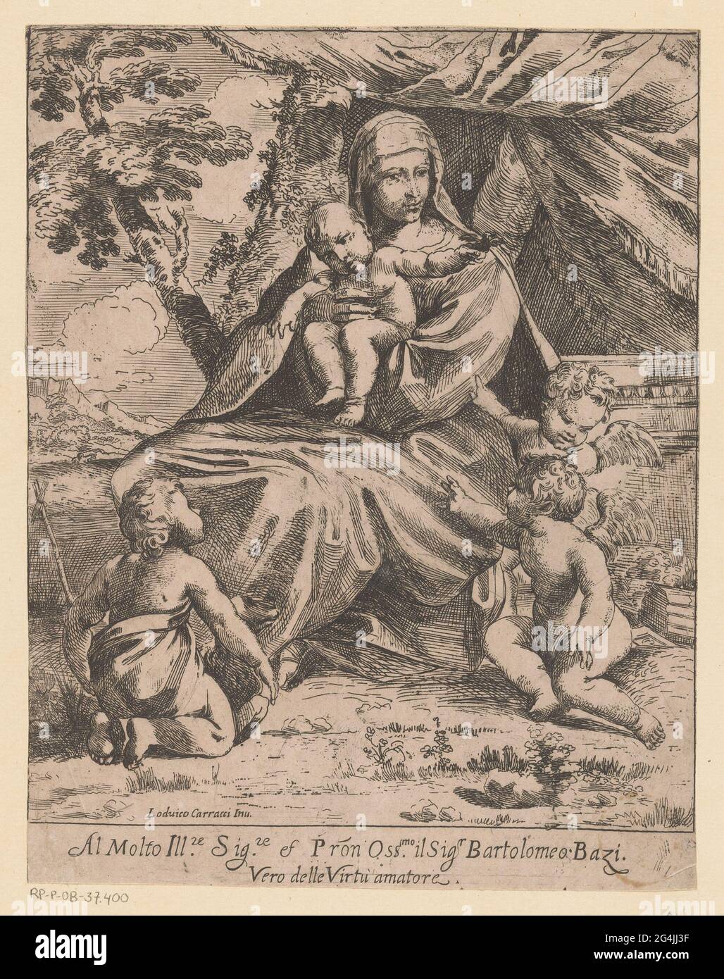 Maria with child and John the Baptist. Maria sitting in a landscape ...