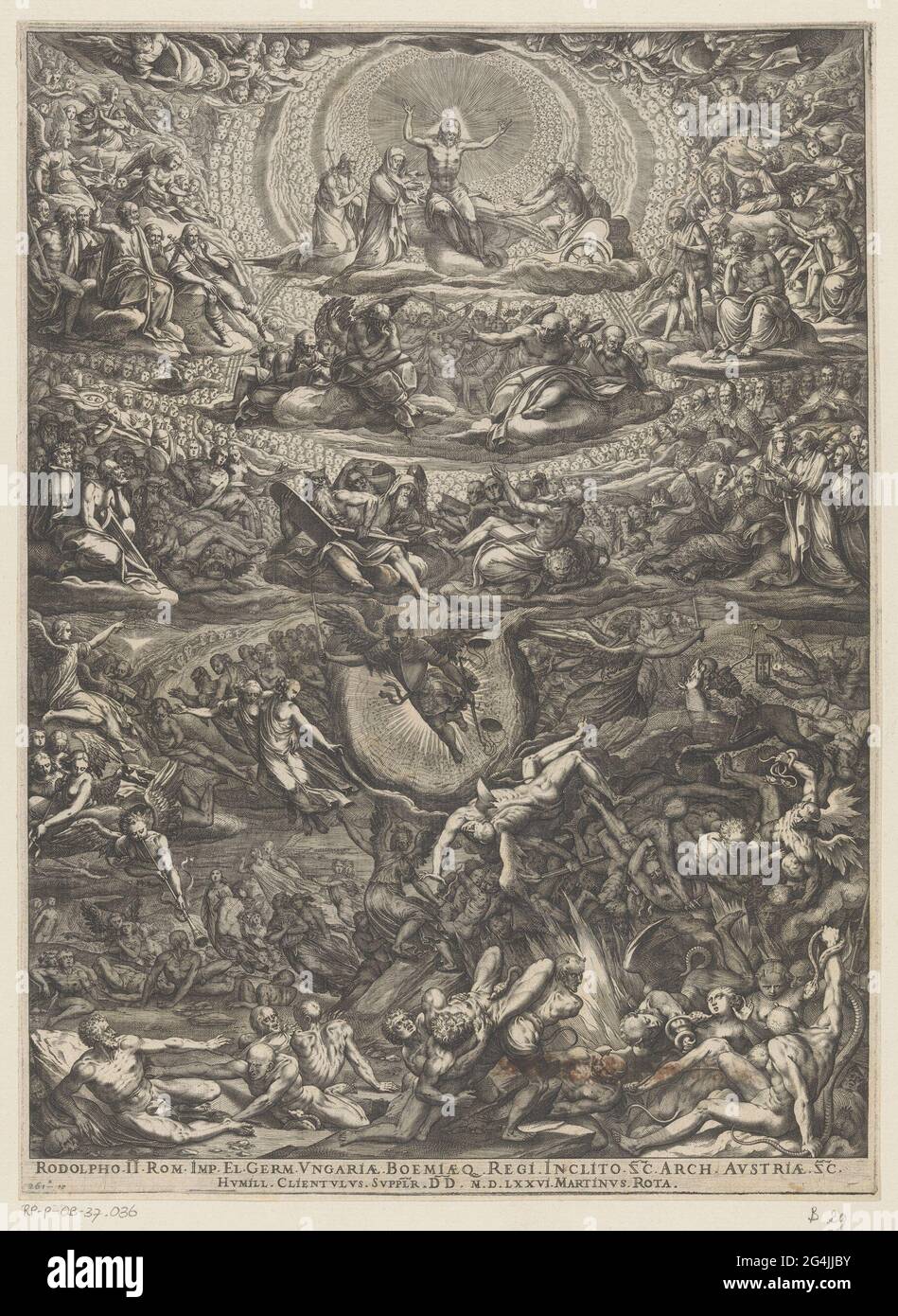 Last judgement. Christ is sitting as a judge on the rainbow, his feet ...