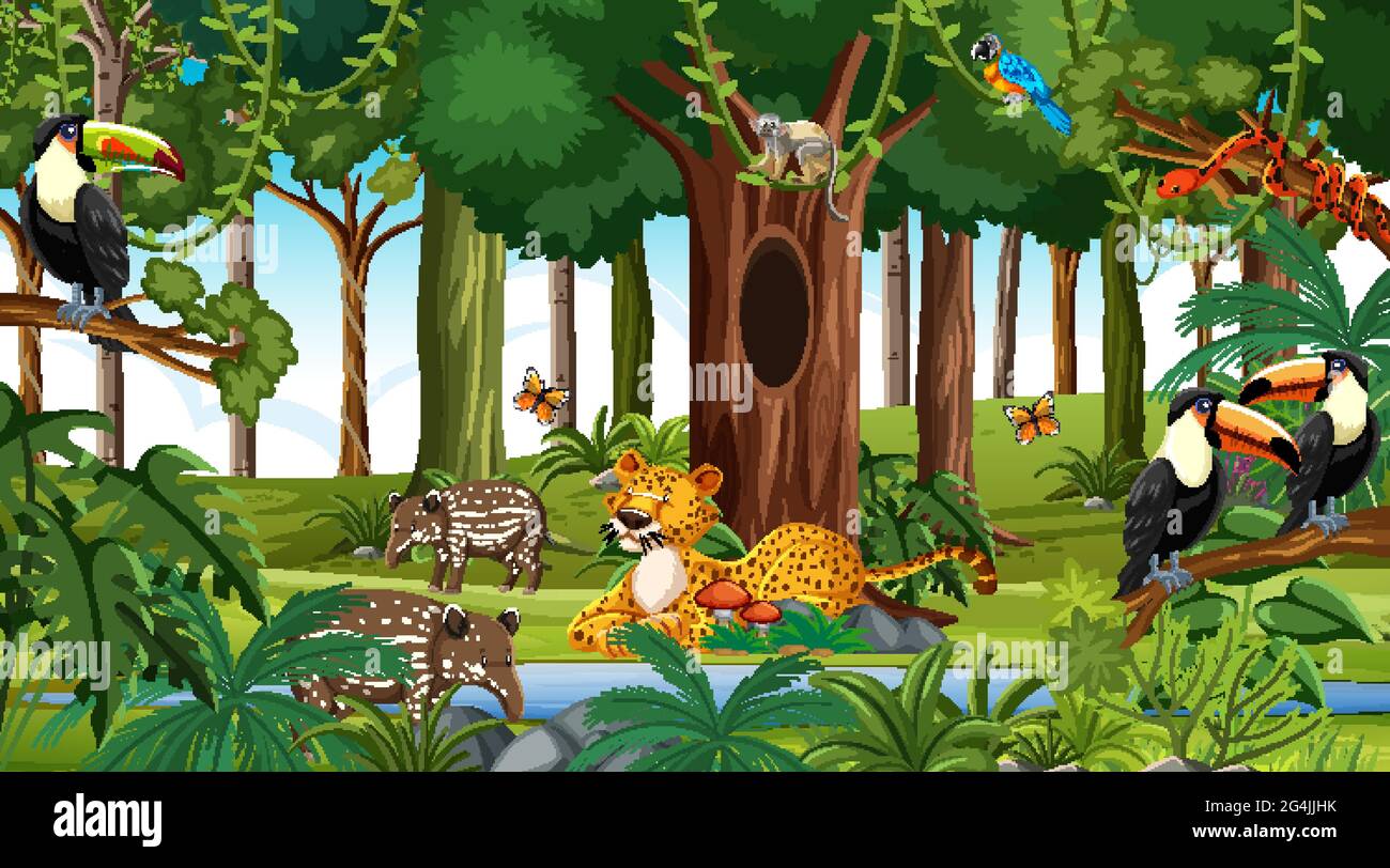 Wild animals in nature forest scene at daytime illustration Stock ...