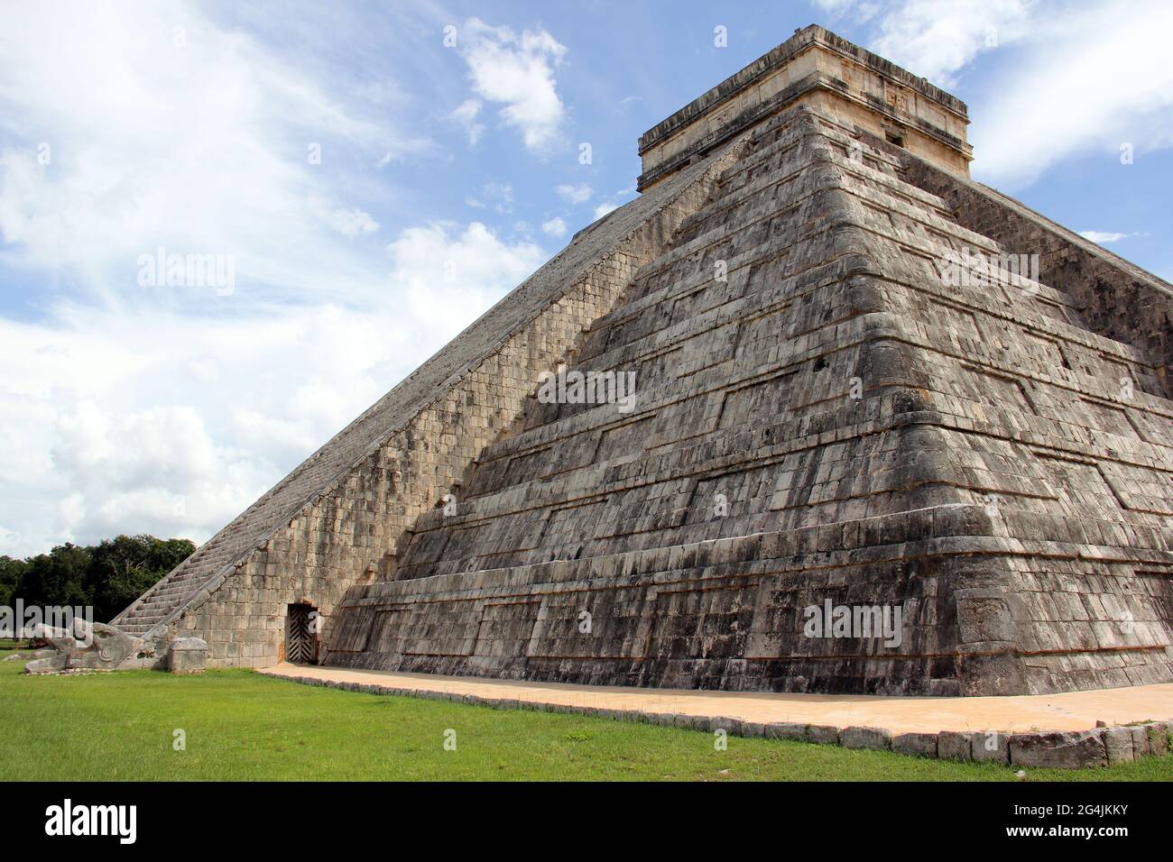 Temple of Kukulcan (El Castillo) in the center of the archaeological site, closeup view from the ...