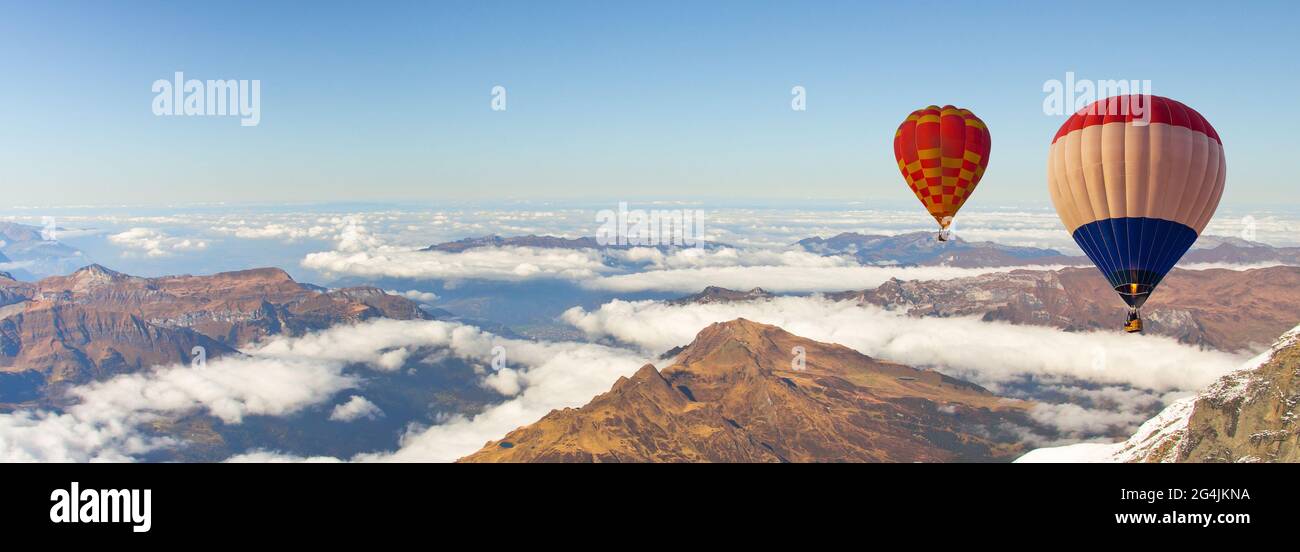 Hot air balloon flying over Swiss Alps, Jungfraujoch Switzerland ...