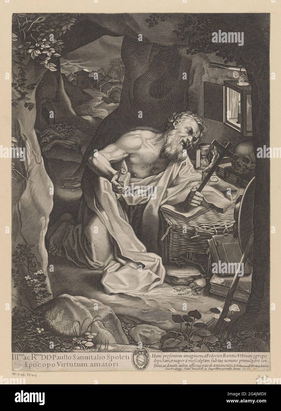Saint Hieronymus in the wilderness. The holy hieronymus kneeling with a ...