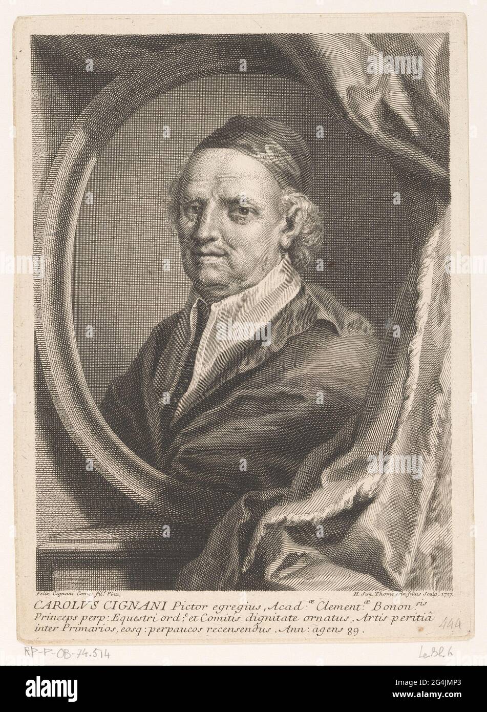 Portrait of Carlo Cignani in an oval table with a curtain; Carolus ...