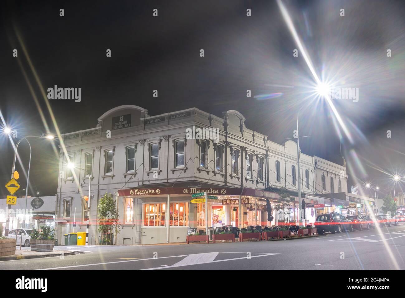 Auckland New Zealand -June 16 2021; Night scnes of buildings and street ...