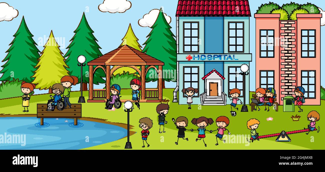 Outdoor scene with many kids playing in the park illustration Stock ...