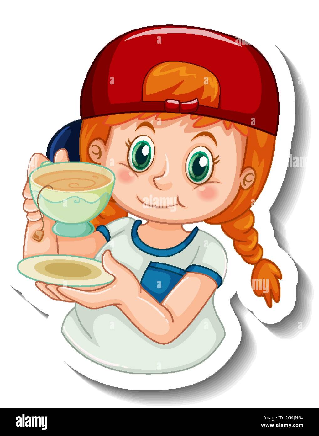 Sticker template with a girl holds a cup of tea cartoon character ...