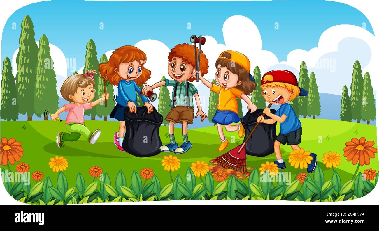 Park scene with a group of children cleaning park illustration Stock ...