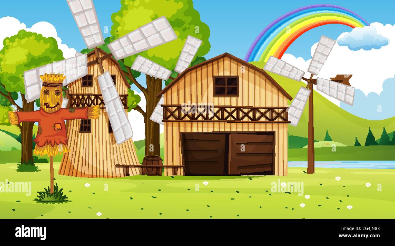 Farm landscape scene with barn and windmill illustration Stock Vector ...