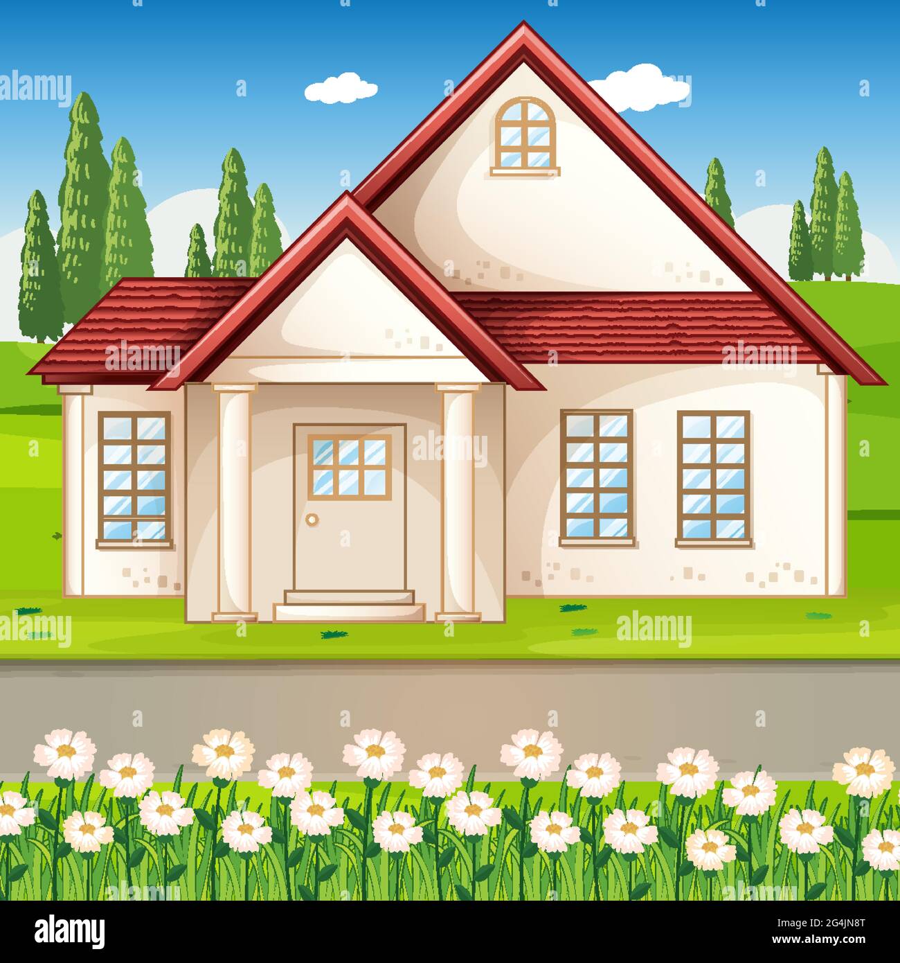 Outdoor scene with a house and flower field illustration Stock Vector ...