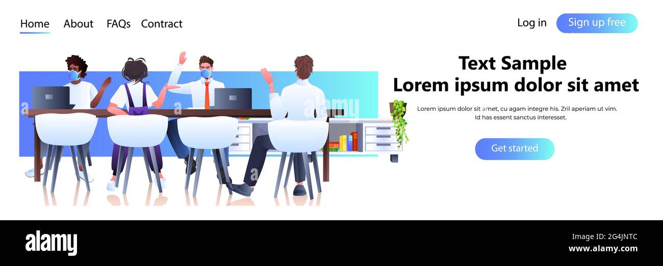 businesspeople team in masks discussing during meeting at round table ...