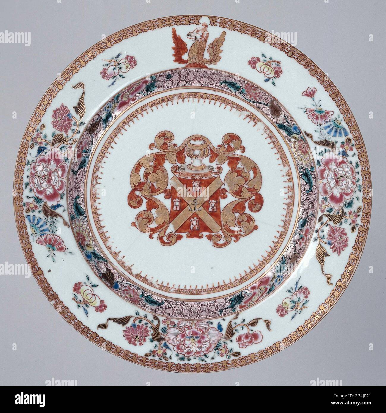 . Porcelain plate, painted on the glaze in blue, red, pink, green ...