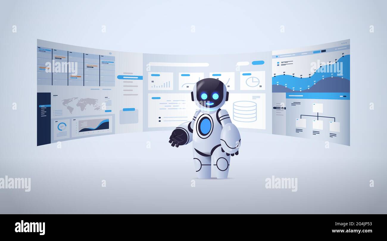 cute robot analyzing statistics financial data on virtual boards ...
