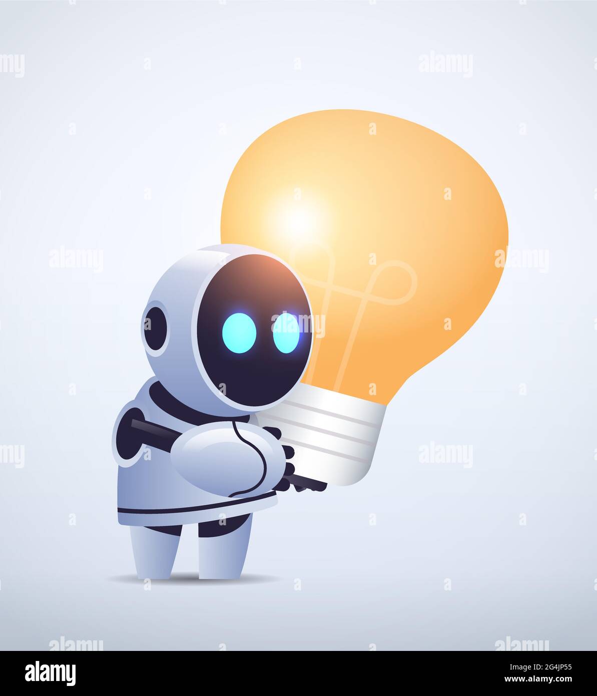 cute robot cyborg holding light lamp new project creative idea ...
