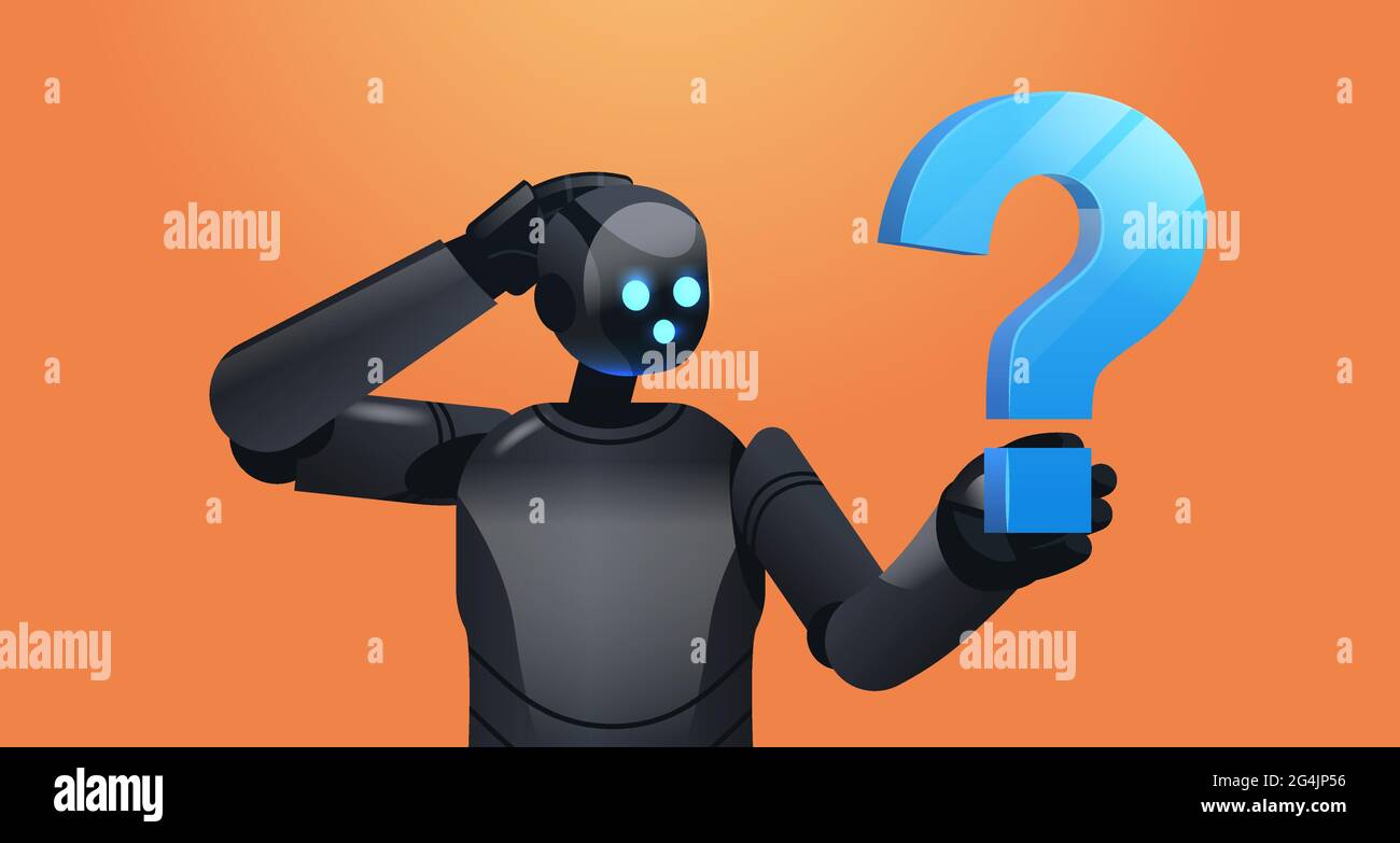 frustrated black robot cyborg holding question mark help support ...