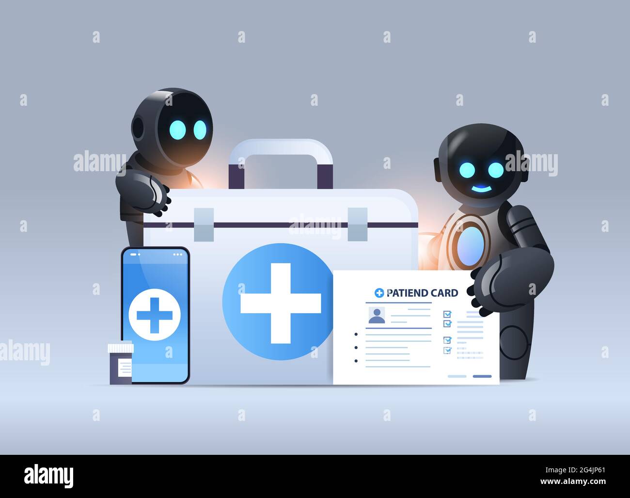 robotic doctors with first aid medical kit and patient card healthcare ...