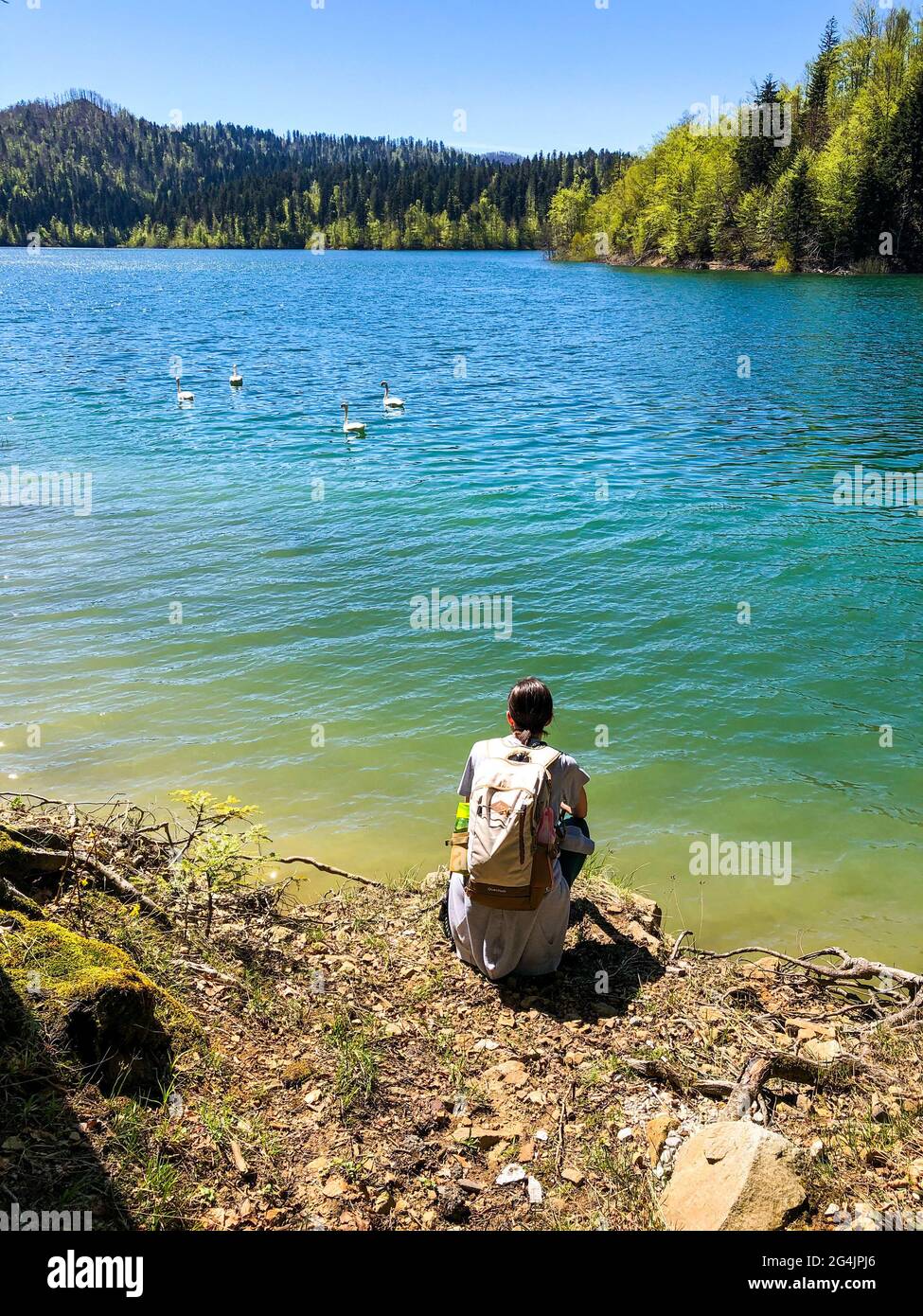 Back view of a person by the lake Stock Photo - Alamy