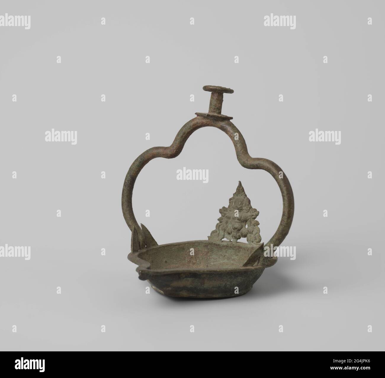 Lamp. Hanging lamp with spout; Simple bracket, rear container decorated ...