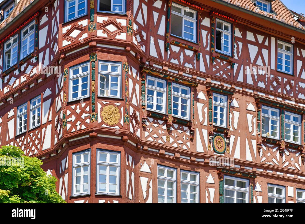 Mosbach, Germany - June 2021: Corner of facade of old historic timber ...