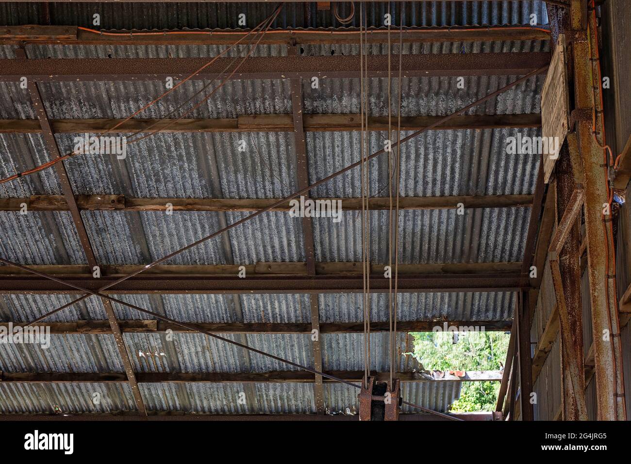 The interior roof of an old rusting falling down country shed with ...