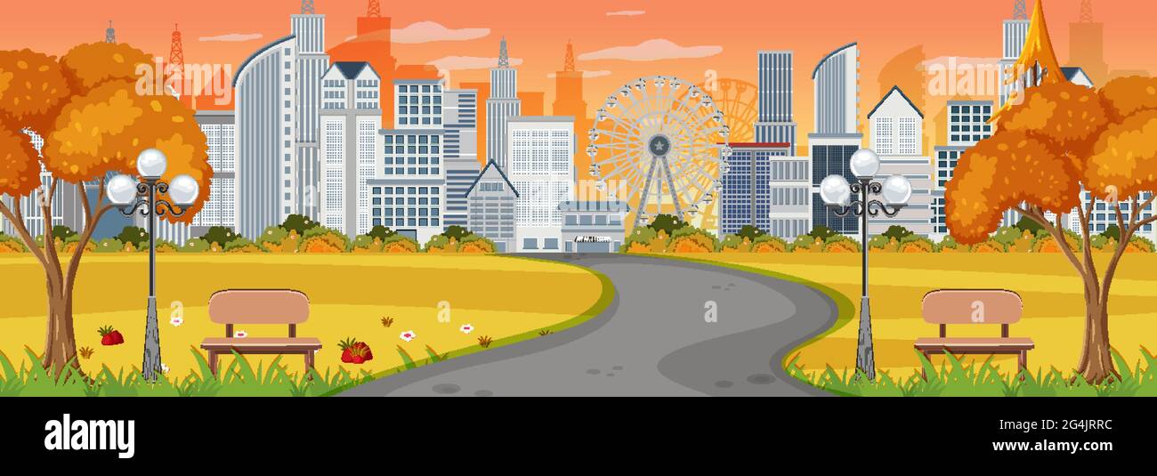 Horizontal scene with long road through the park into the town at ...