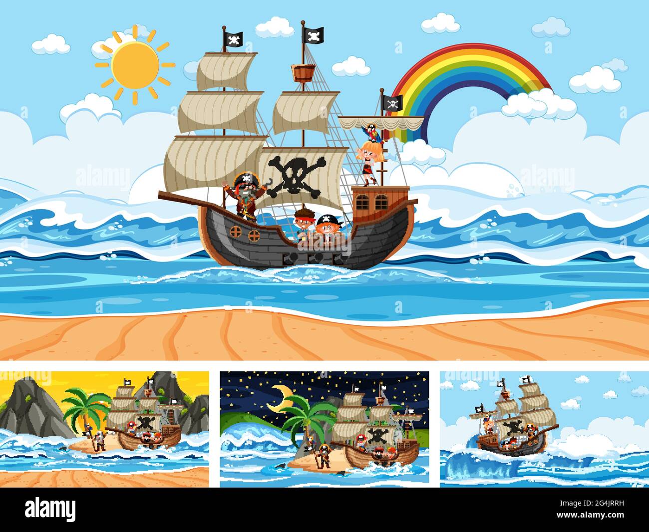 Set of different beach scenes with pirate ship illustration Stock ...