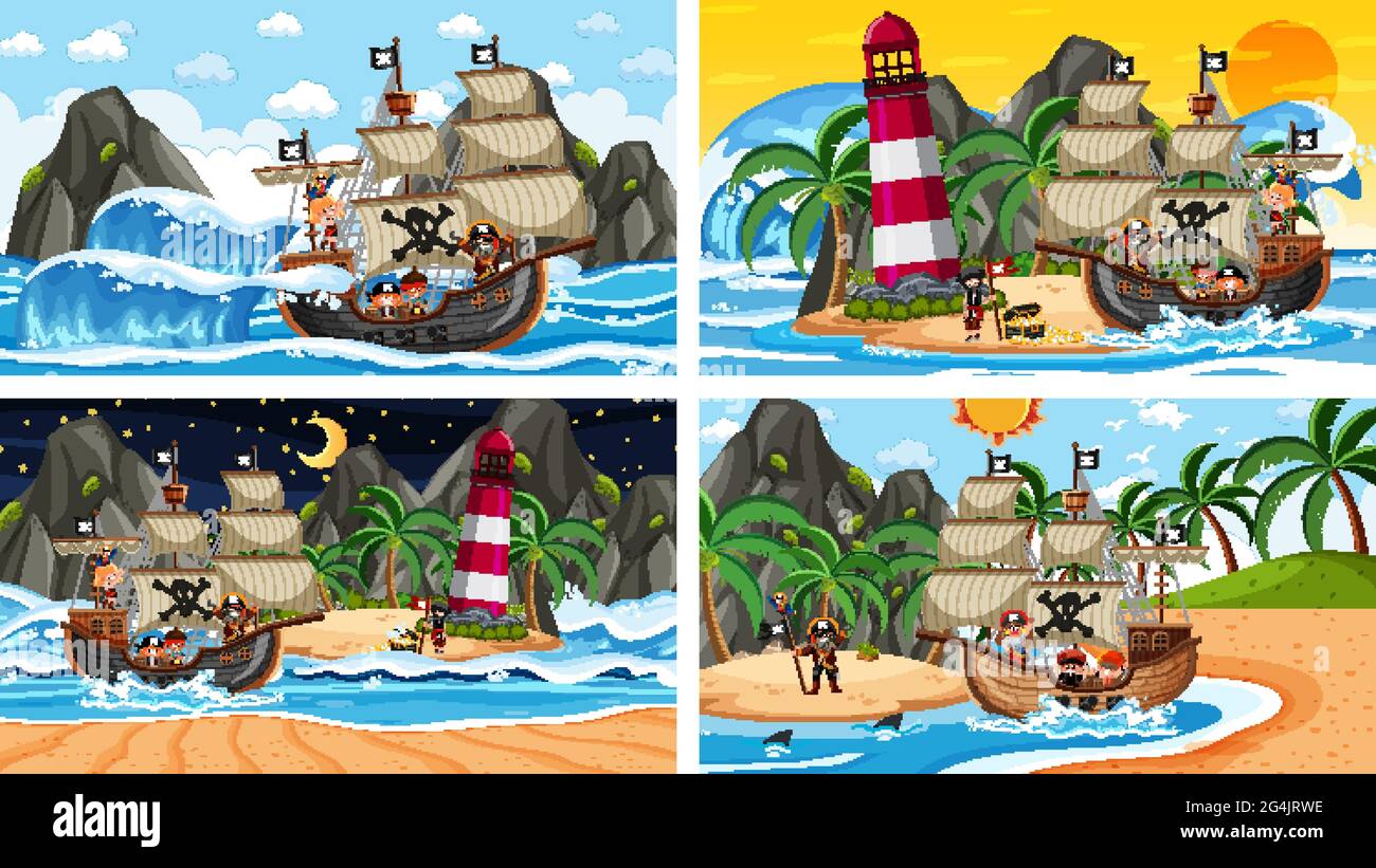 Set of different beach scenes with pirate ship illustration Stock ...