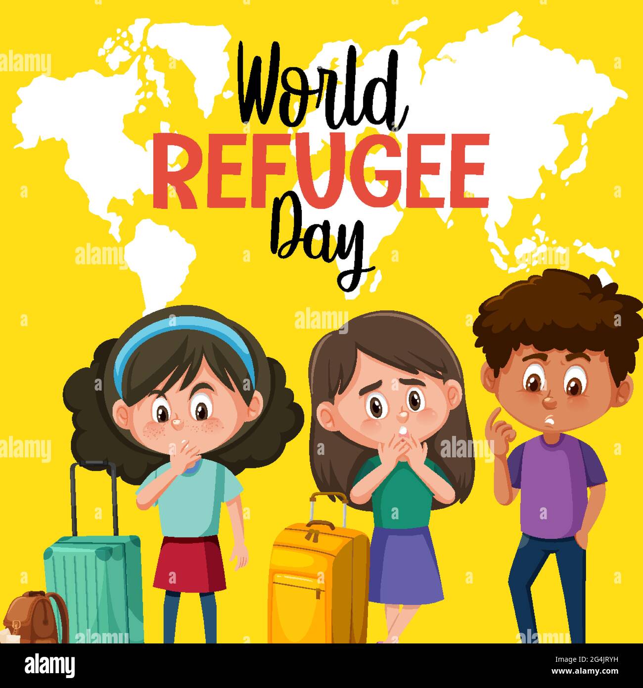 World Refugee Day banner with refugee people on world map background ...