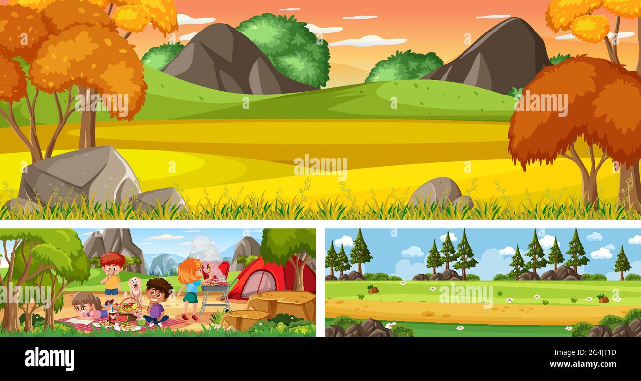 Set of outdoor panoramic landscape with cartoon character illustration ...
