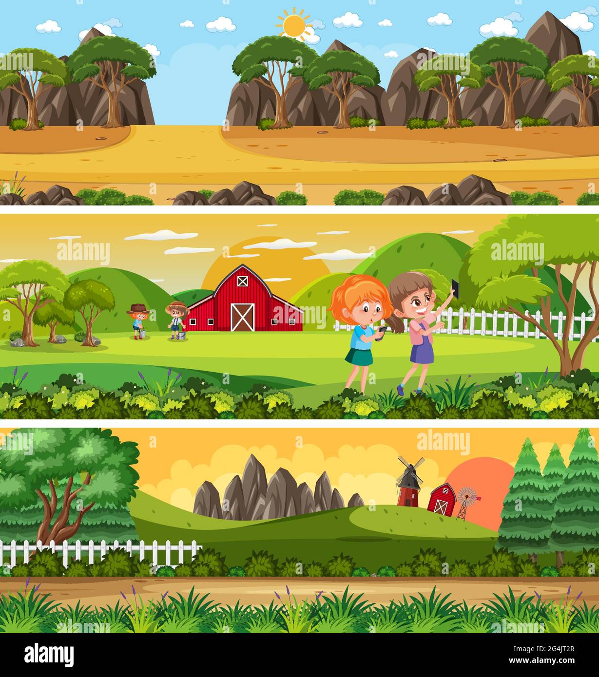 Different nature landscape at daytime scene with cartoon character ...