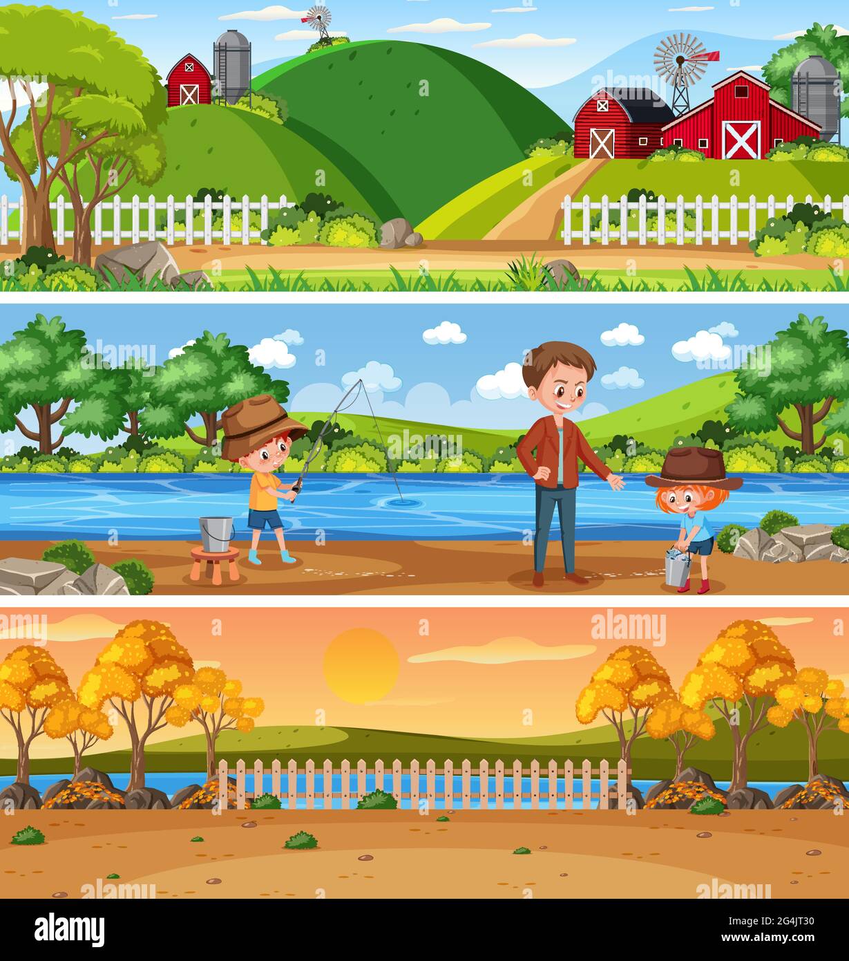 Set of outdoor panoramic landscape with cartoon character illustration ...