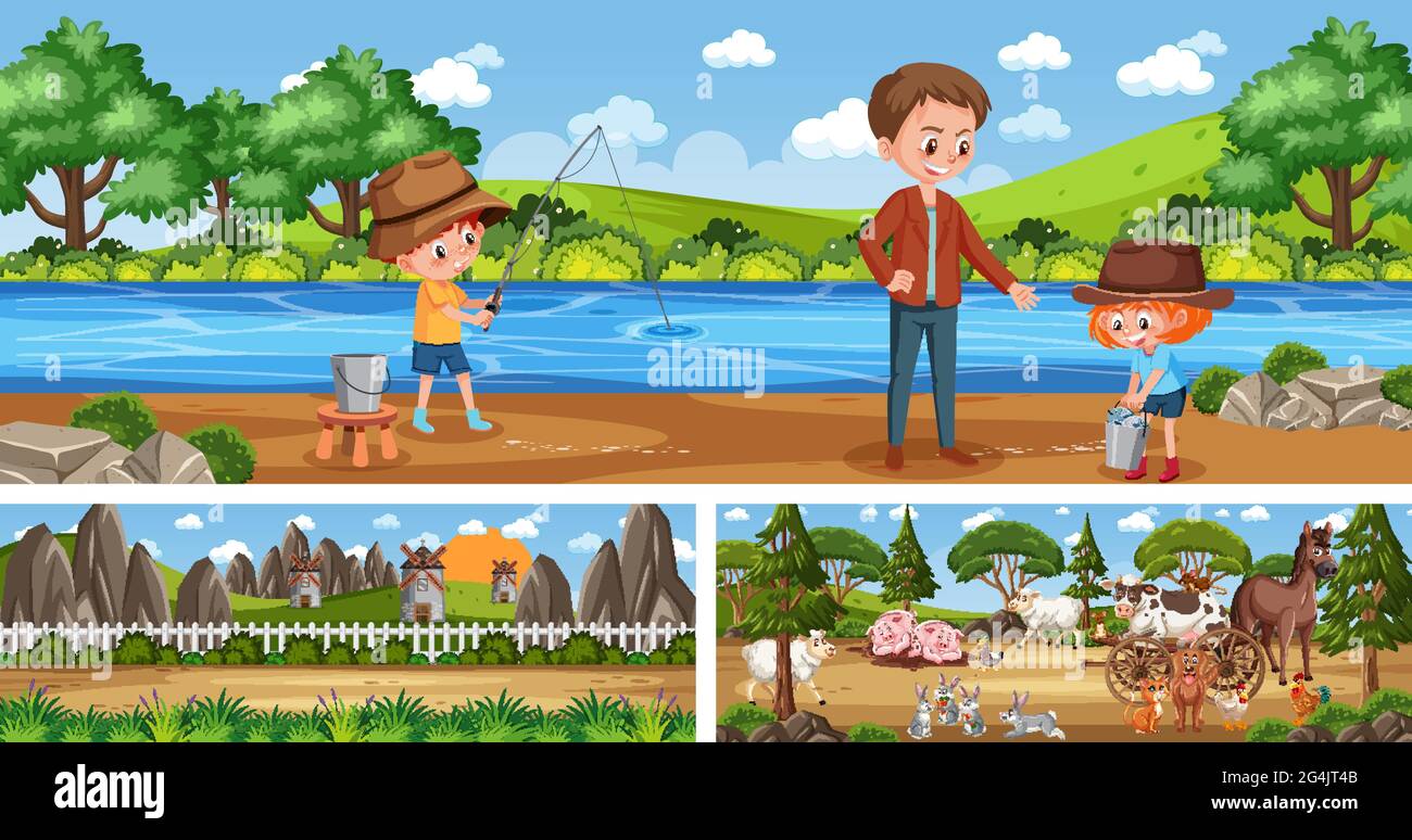 Set of outdoor panoramic landscape with cartoon character illustration ...