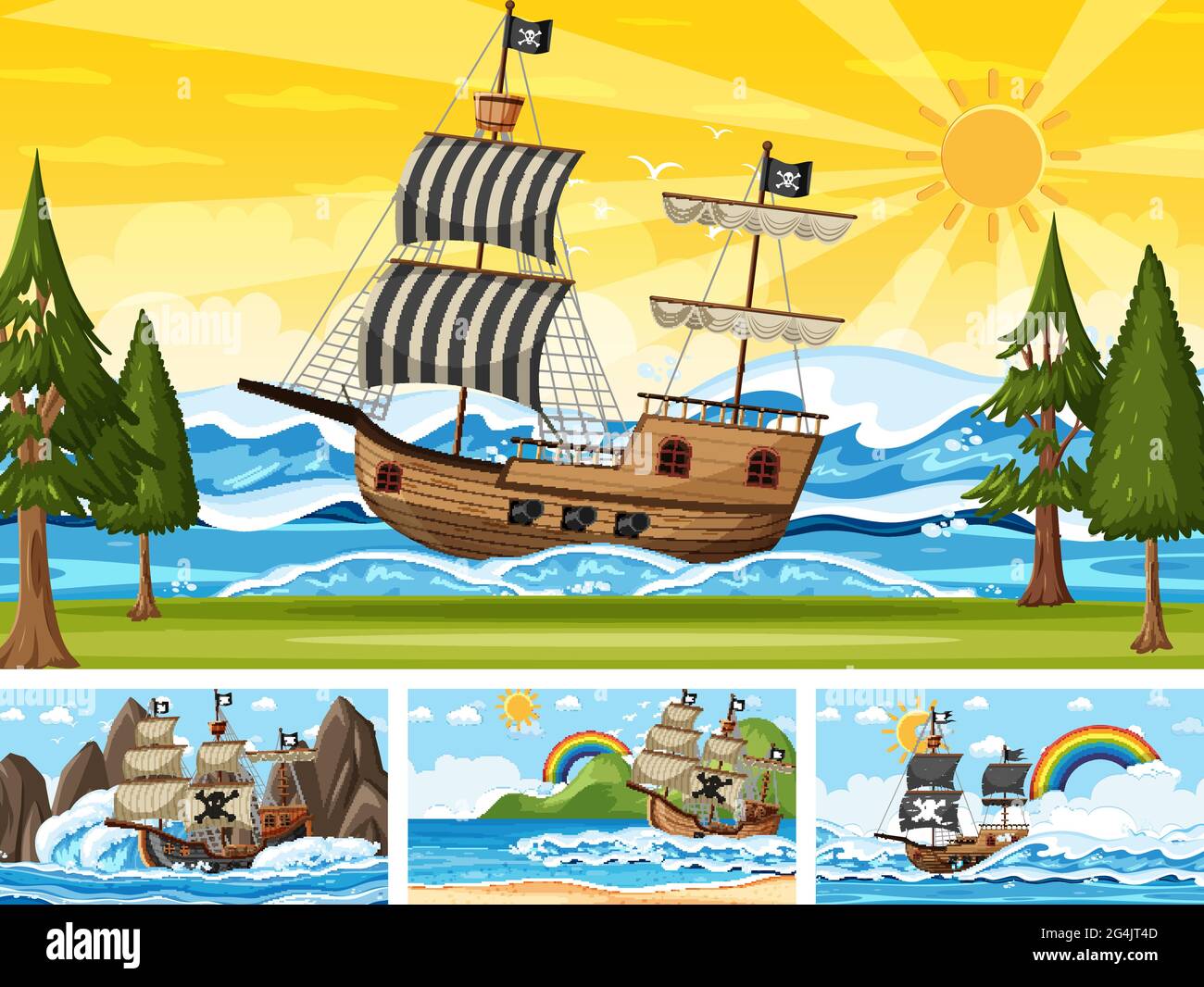 Set of Ocean with Pirate ship at different times scenes in cartoon ...
