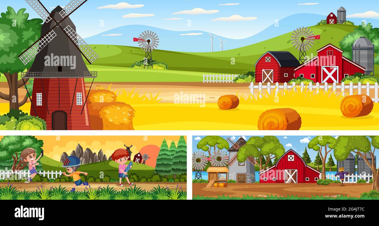 Outdoor panoramic landscape scenes set with cartoon character ...