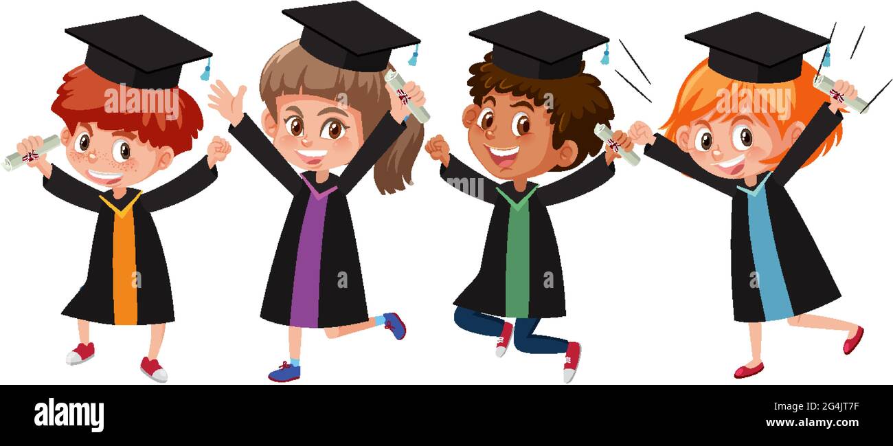 Set of different kids wearing graduation costumes illustration Stock ...