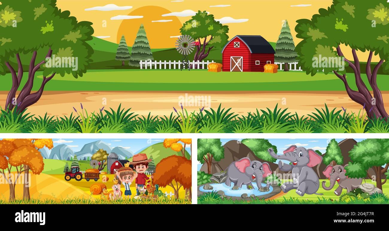 Outdoor panoramic landscape scenes set with cartoon character ...