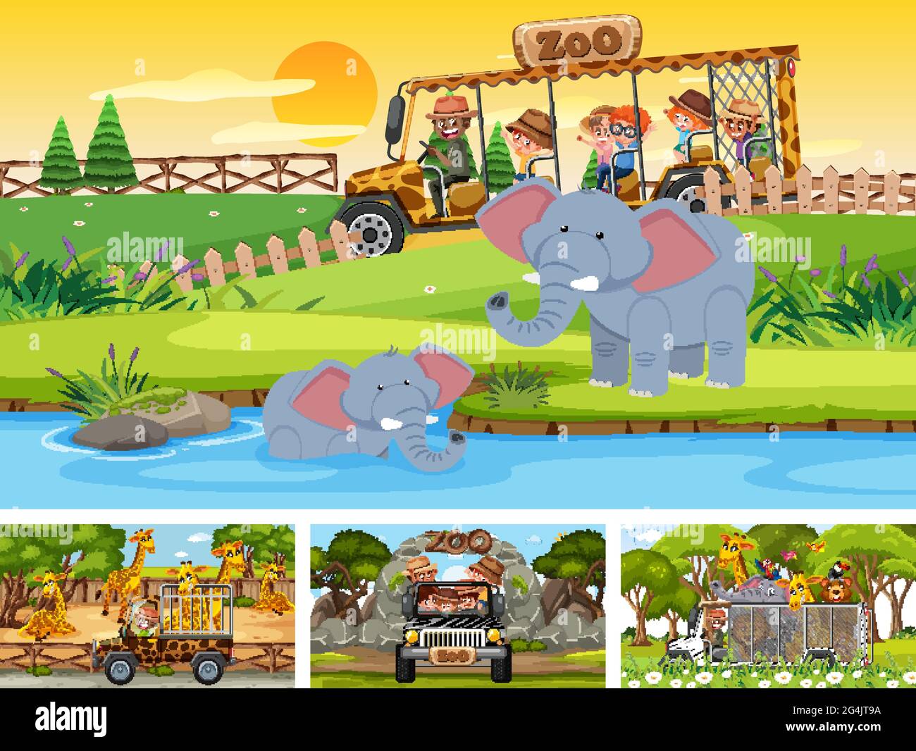 Four different zoo scenes with kids and animals illustration Stock ...