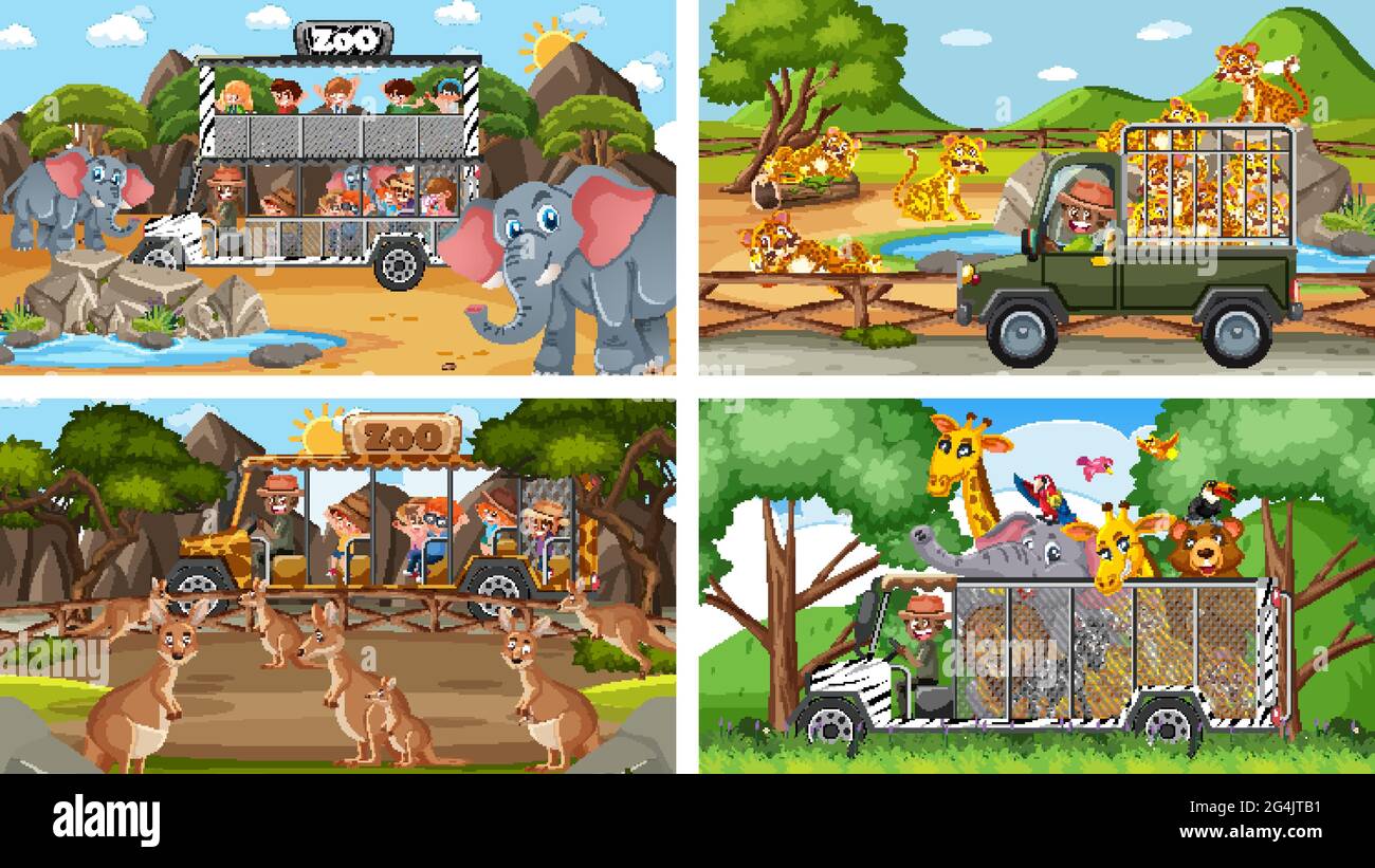 Four different zoo scenes with kids and animals illustration Stock ...