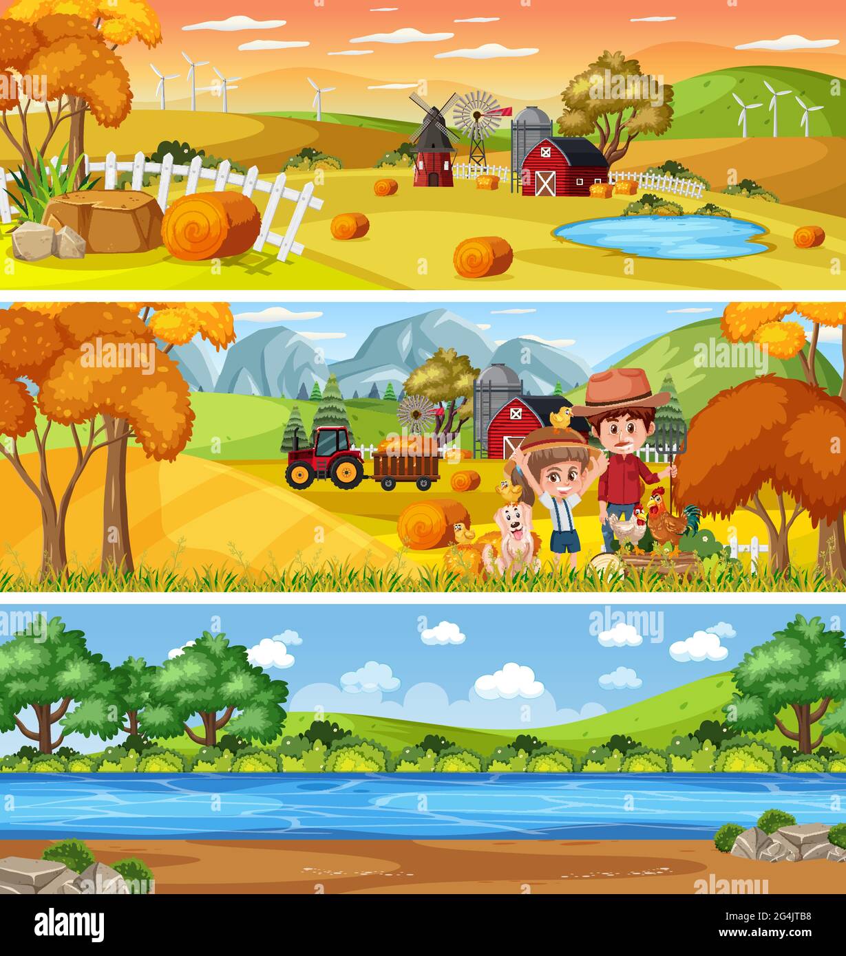 Outdoor panorama landscape scene set with cartoon character ...