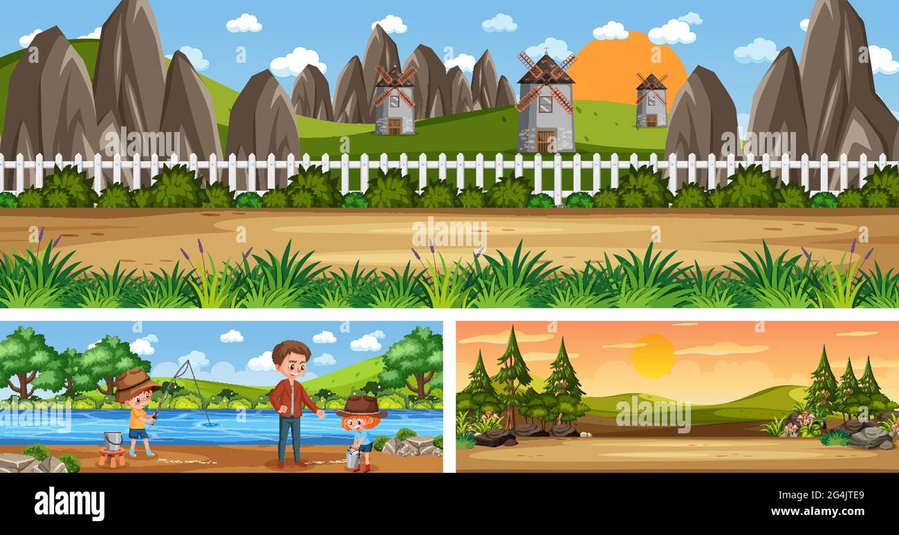Set of different outdoor panoramic landscape scenes with cartoon ...