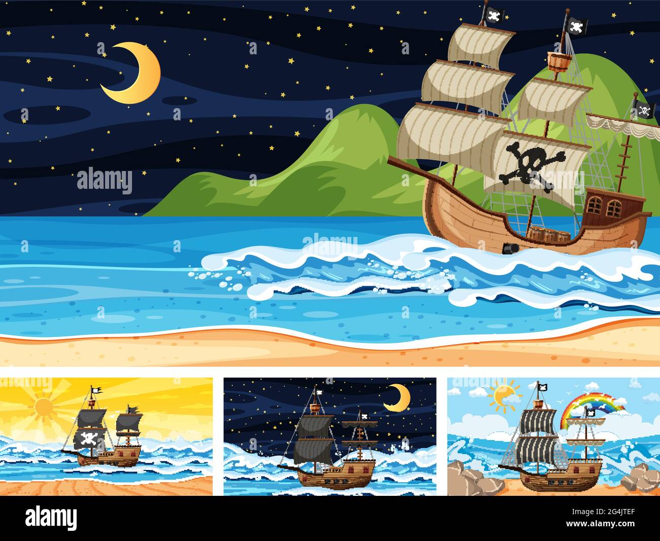 Set of ocean scenes at different times with Pirate ship in cartoon ...
