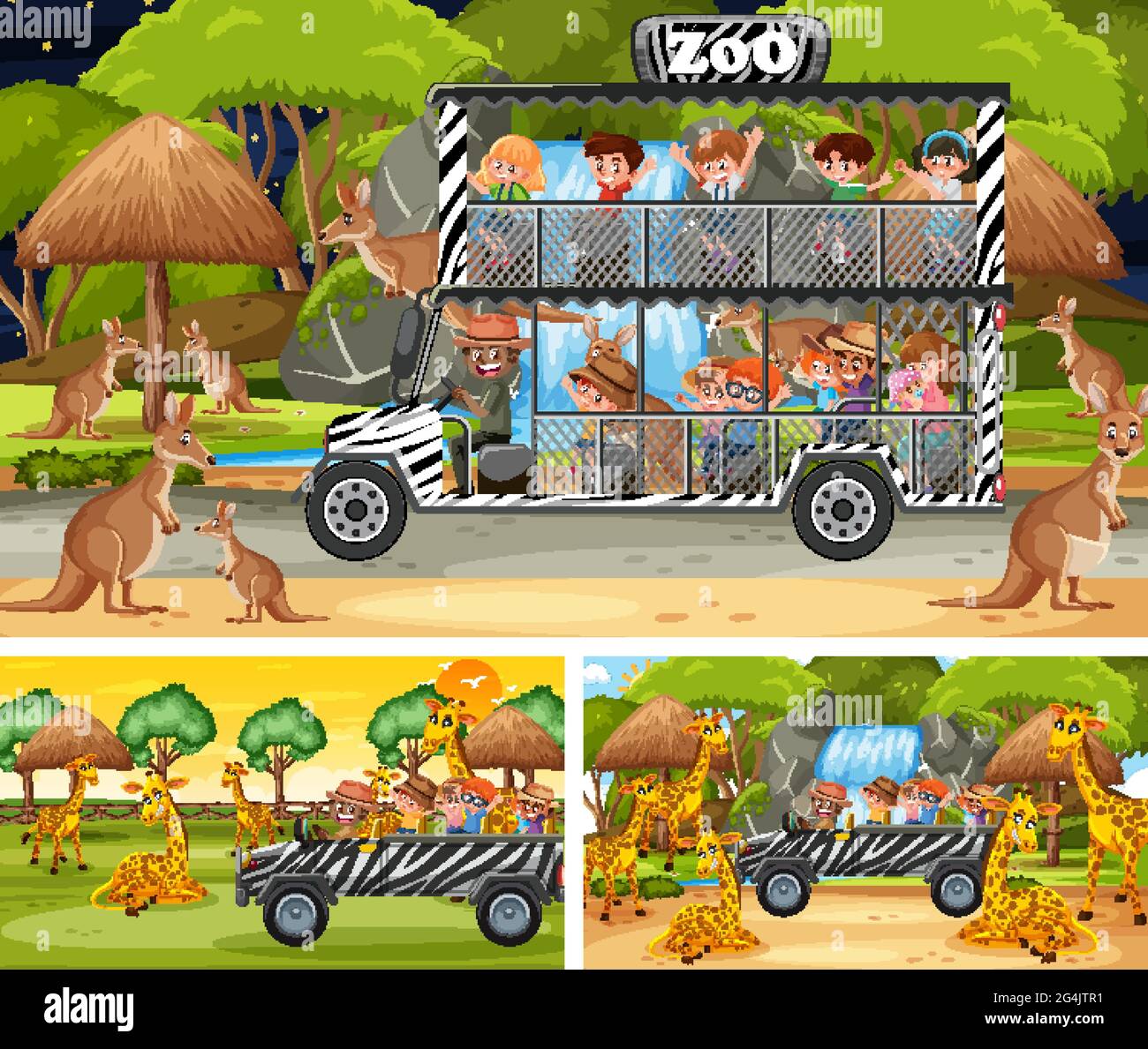 Different safari scenes with animals and kids cartoon character ...
