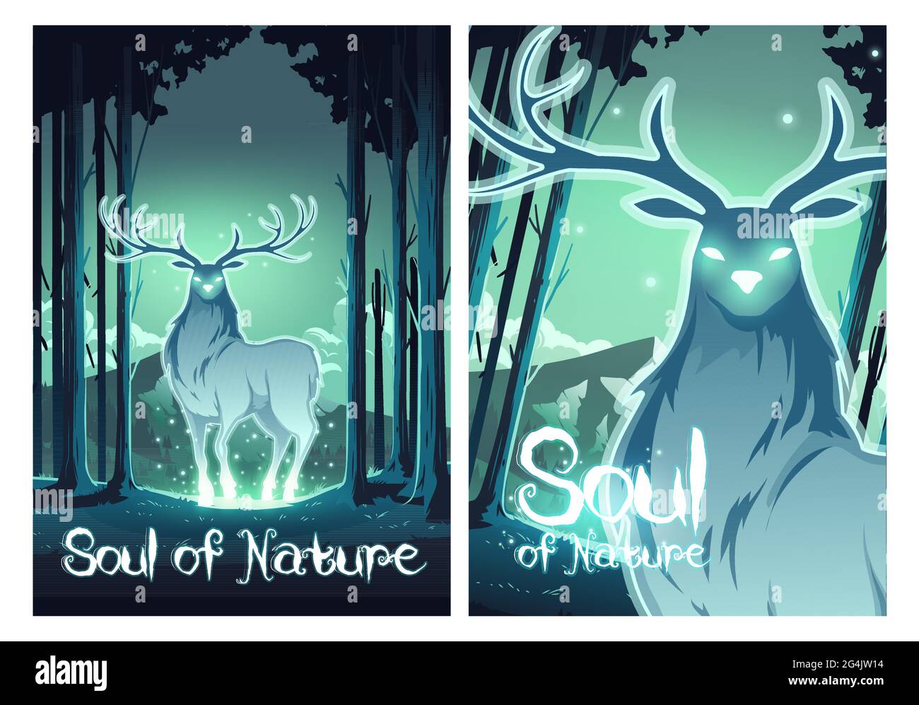 Soul of nature cartoon posters, magic deer in night forest, mystical ...