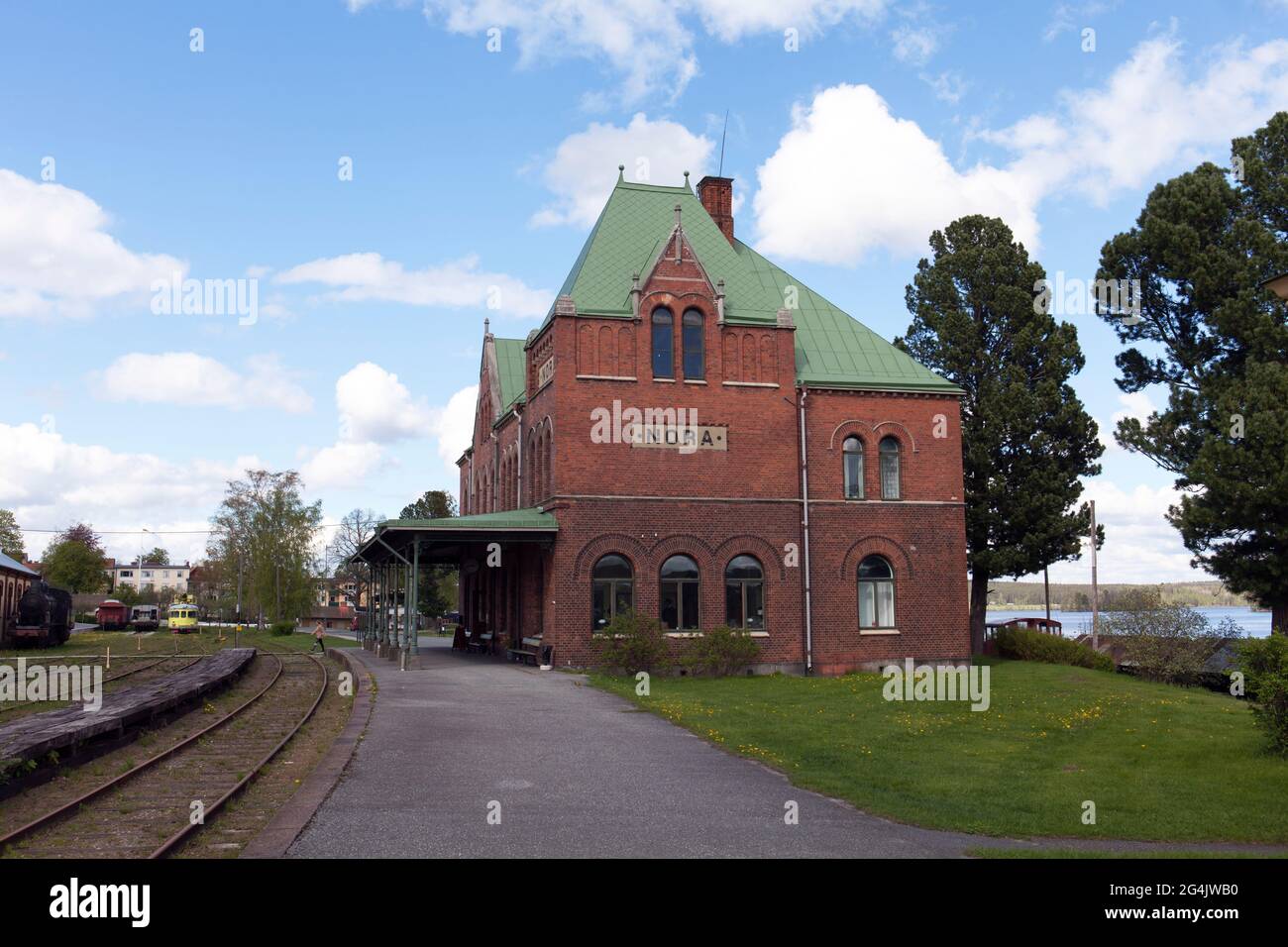 NORA, SWEDEN ON MAY 18, 2021. View of an old Railway Station in bricks ...