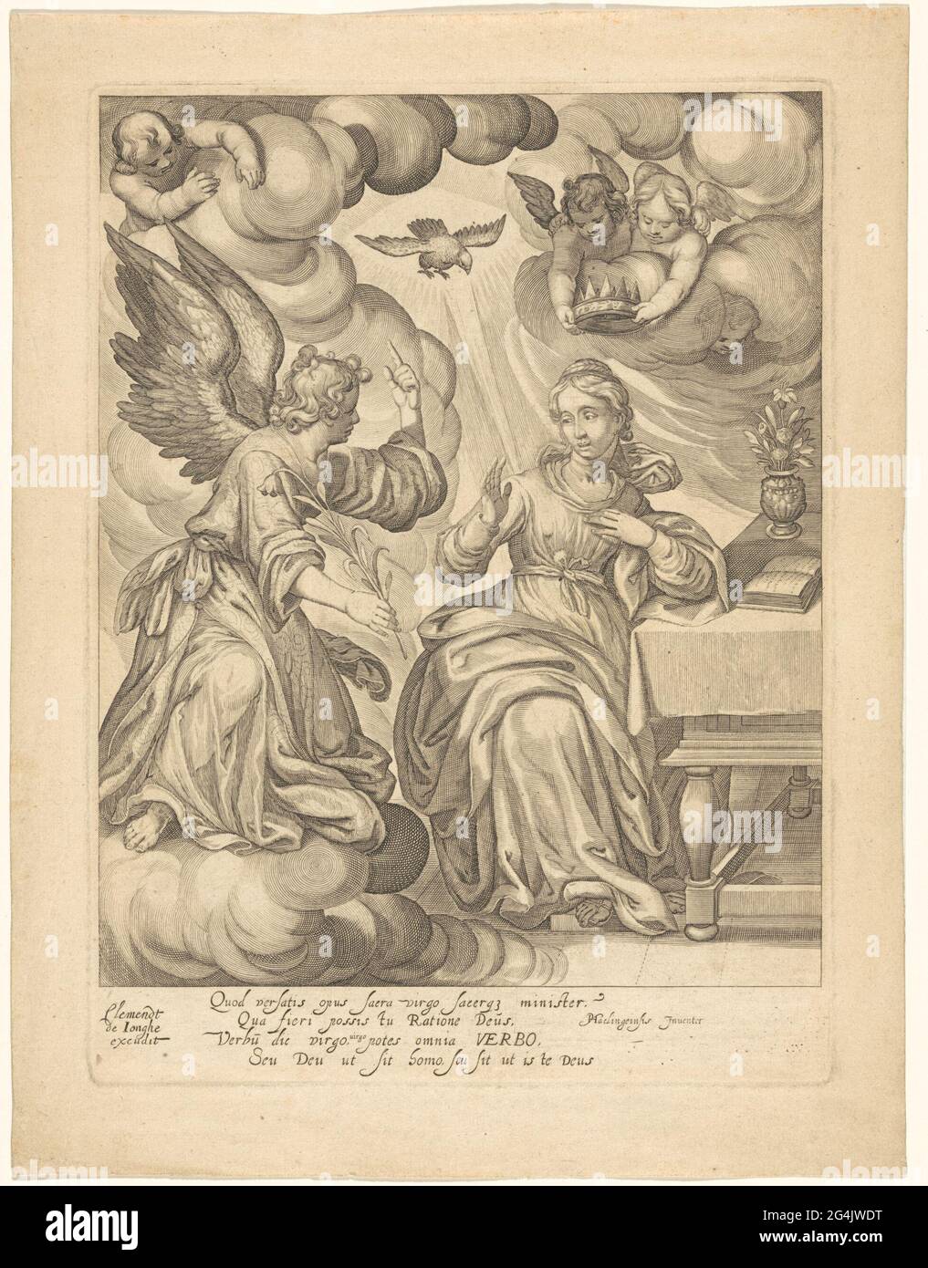 Annunciation. The annunciation. The angel left speaks to Mary, who is ...